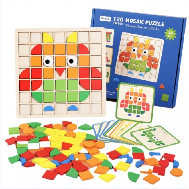 Set de 120 de Blocuri de constructie mozaic din lemn, 20 de carduri si ...