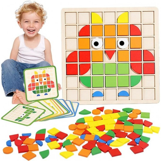 Set de 120 de Blocuri de constructie mozaic din lemn, 20 de carduri si ...