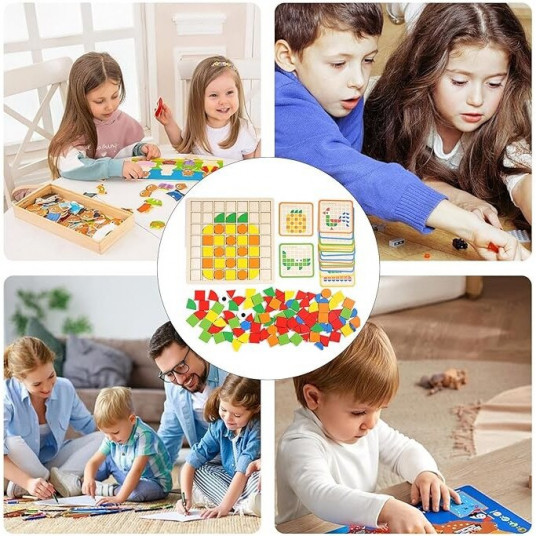 Set de 120 de Blocuri de constructie mozaic din lemn, 20 de carduri si ...