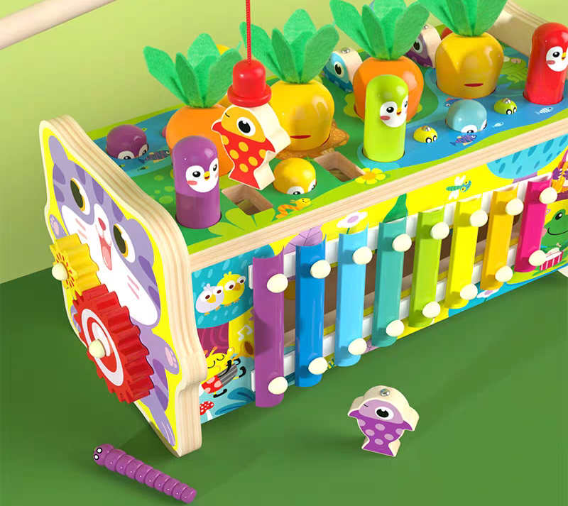 Pisicuță Multifuncțională din lemn, Roți Motrice, Joc Ciocan ...